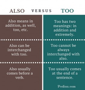 Difference Between Also and Too